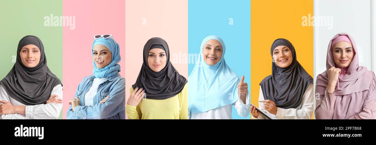 Group of Muslim women on color background Stock Photo - Alamy