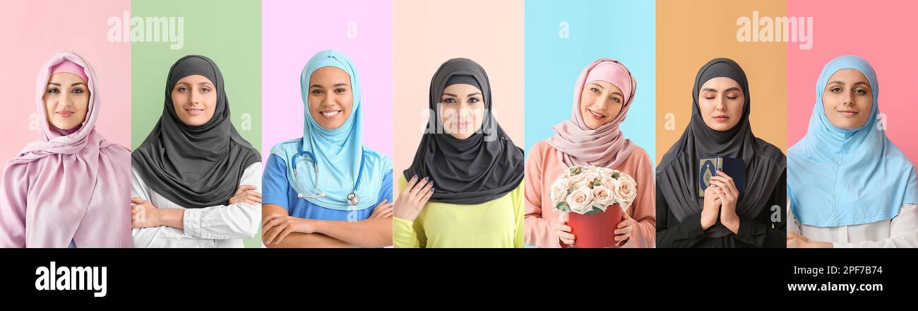 Set of Muslim women on color background Stock Photo - Alamy