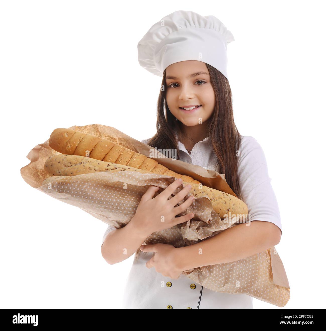Little baker with fresh baguettes on white background Stock Photo - Alamy
