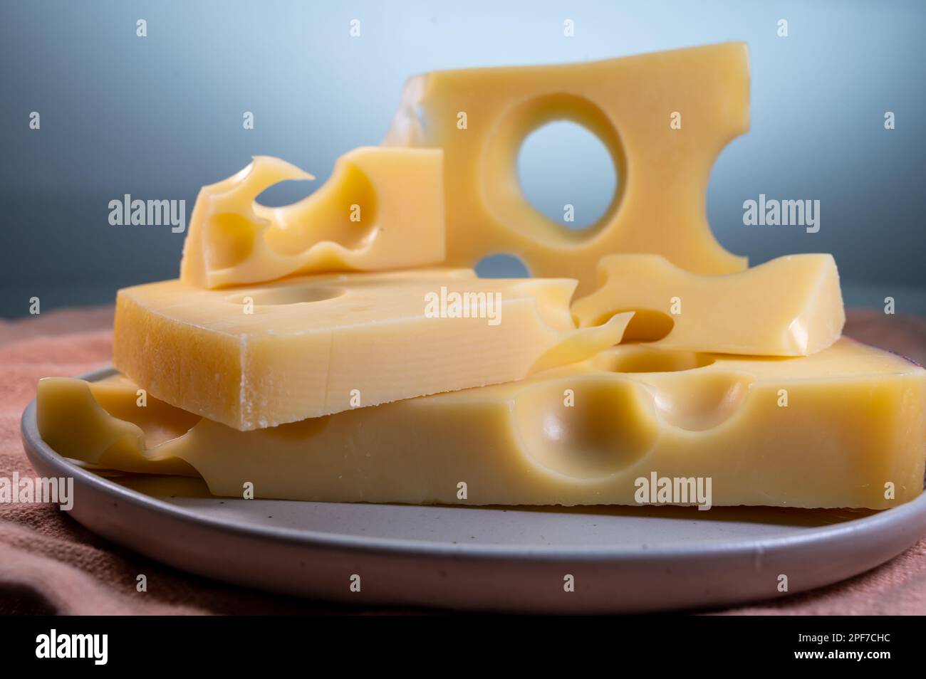 Swiss cheese collection, yellow emmentaler or emmental cheese with ...
