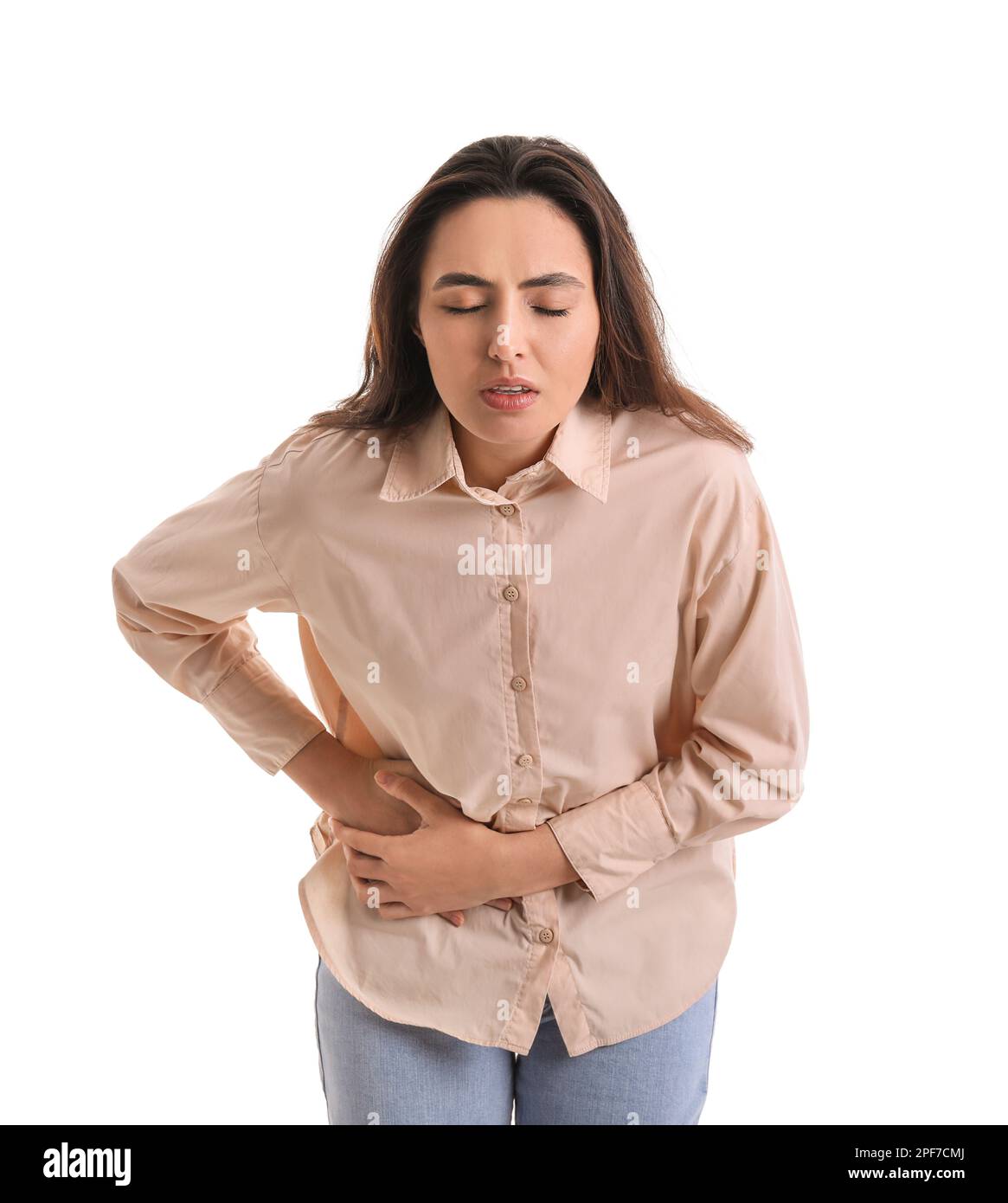 Young woman with appendicitis on white background Stock Photo - Alamy