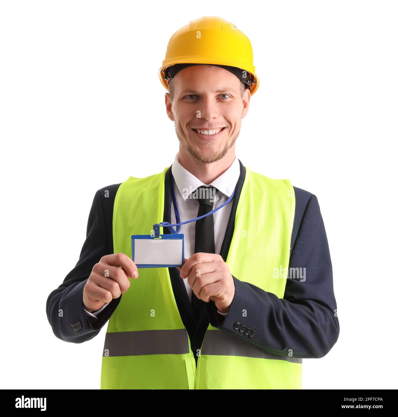 Male architect with badge on white background Stock Photo - Alamy