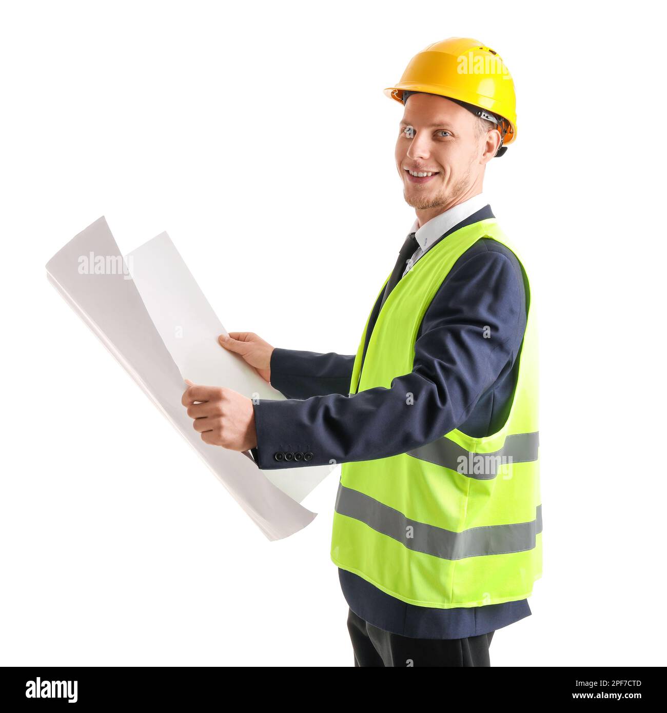 Male architect with drawing on white background Stock Photo - Alamy