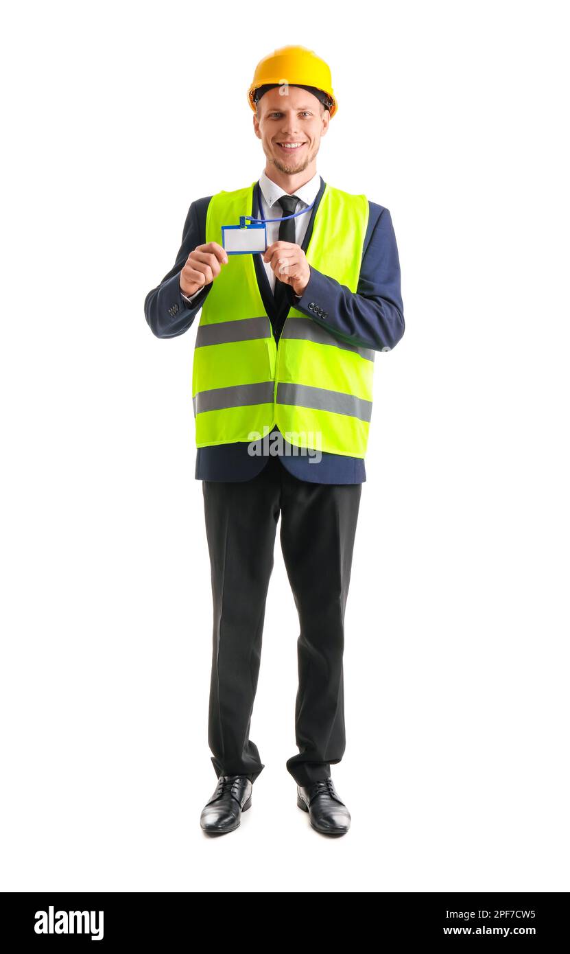 Male architect with badge on white background Stock Photo - Alamy