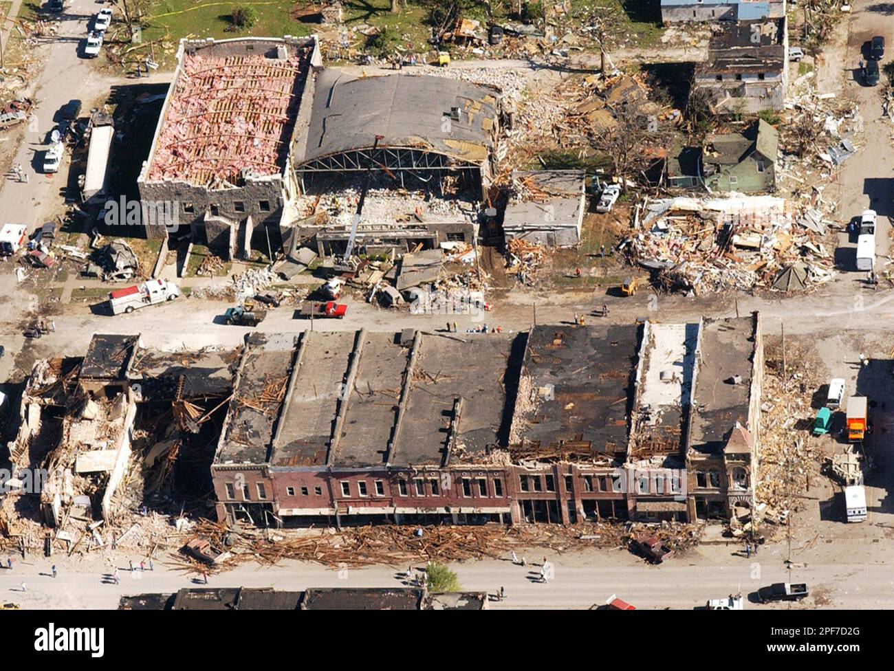 An aerial view of downtown Pierce City, Mo., Monday, May 5, 2003, shows ...