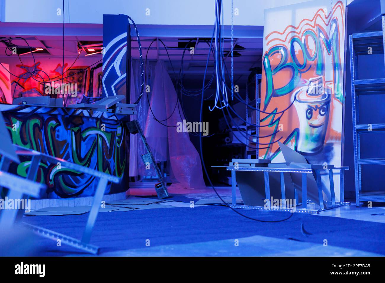 Demolished structure turned into dust and glowing with bright neon ...