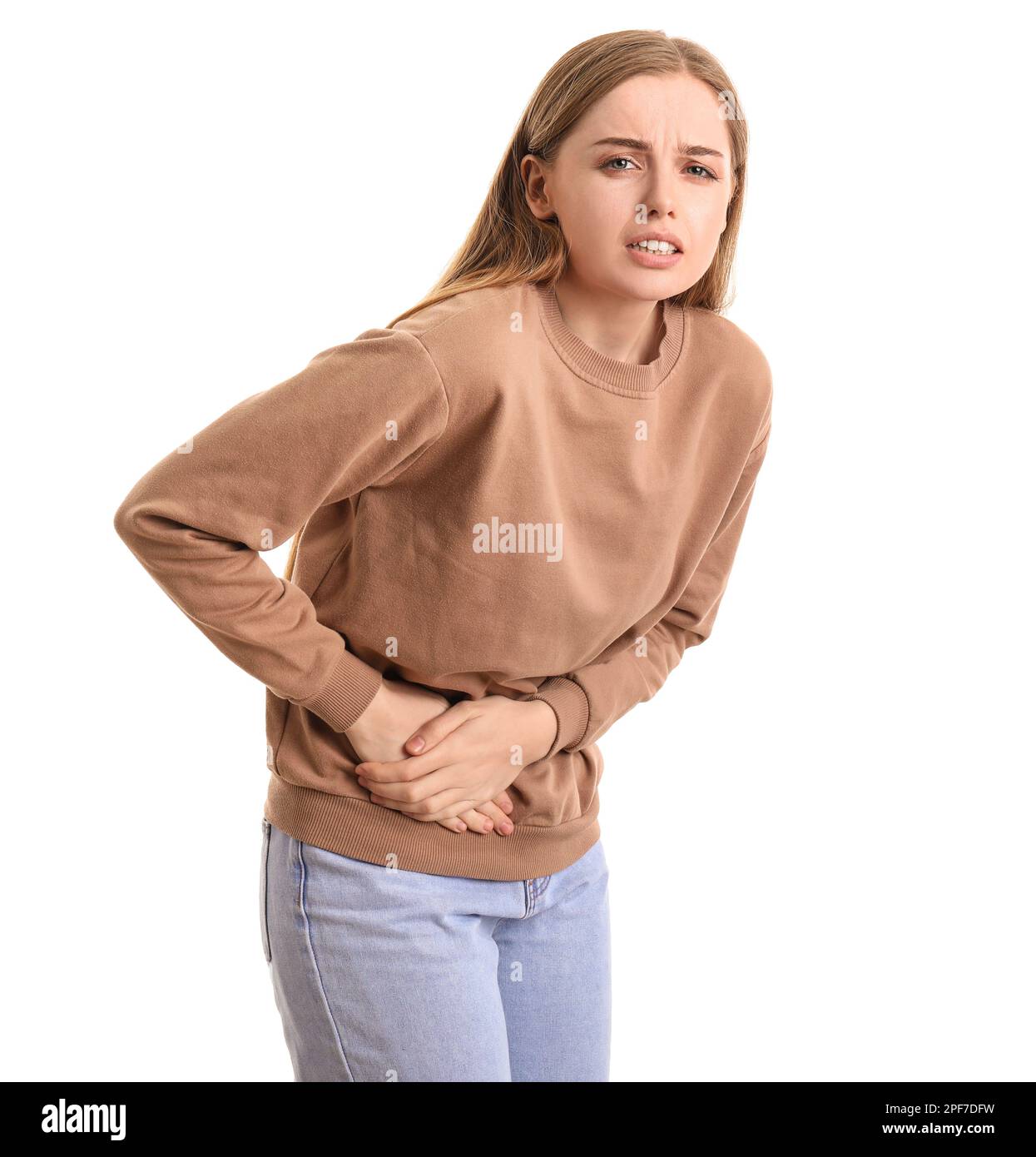 Young woman with appendicitis on white background Stock Photo - Alamy