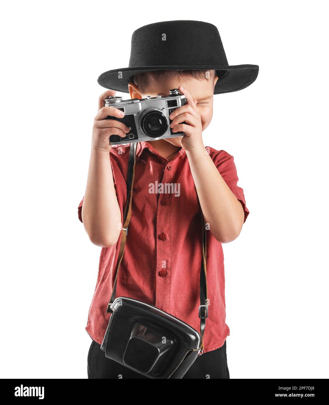 Cute little photographer with camera on white background Stock Photo ...