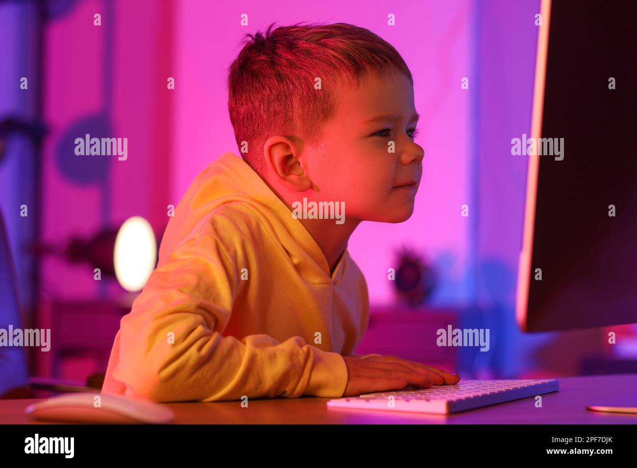 Cute little blogger using computer at home Stock Photo - Alamy