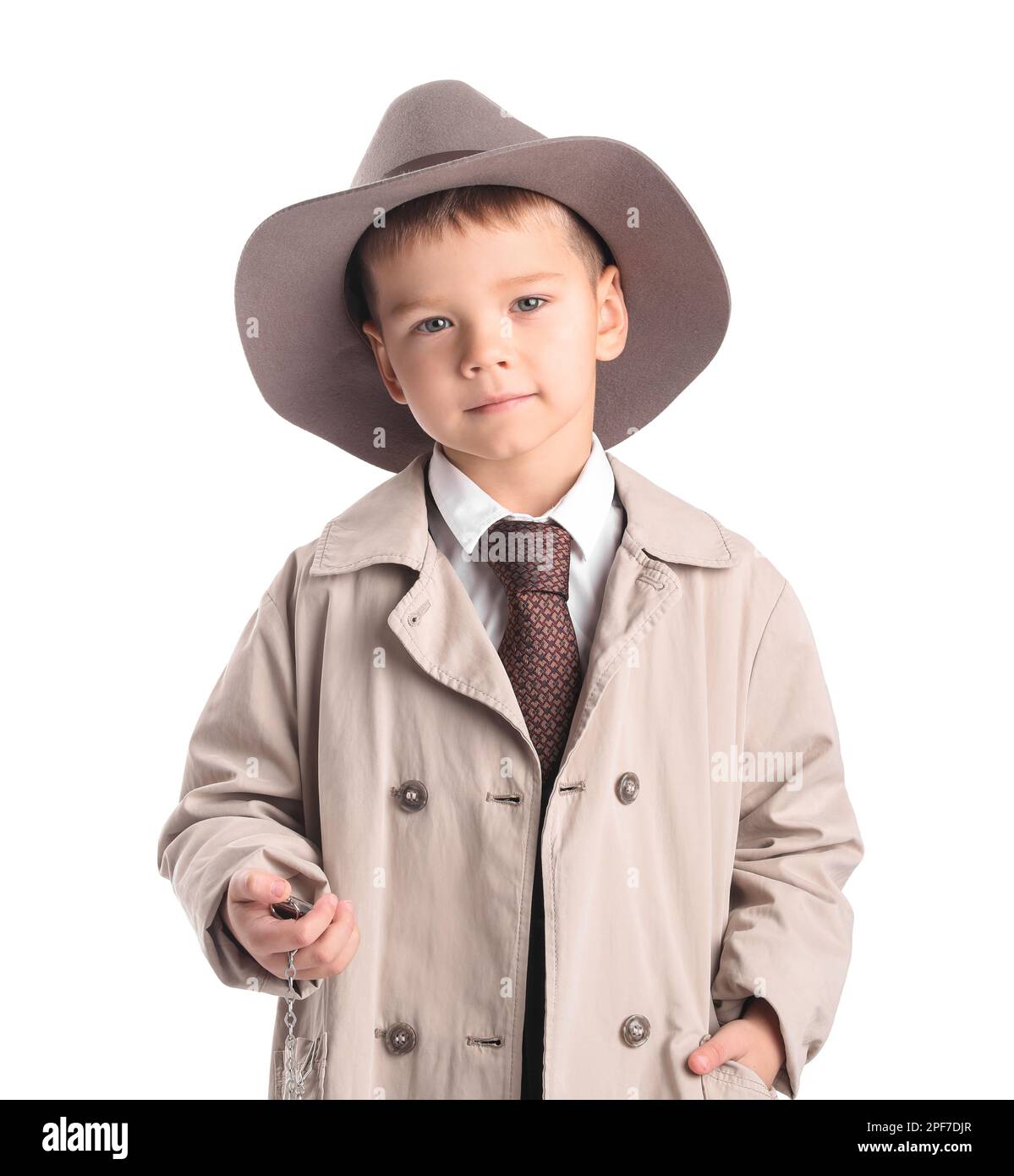 Cute little detective with retro clock on white background Stock Photo ...