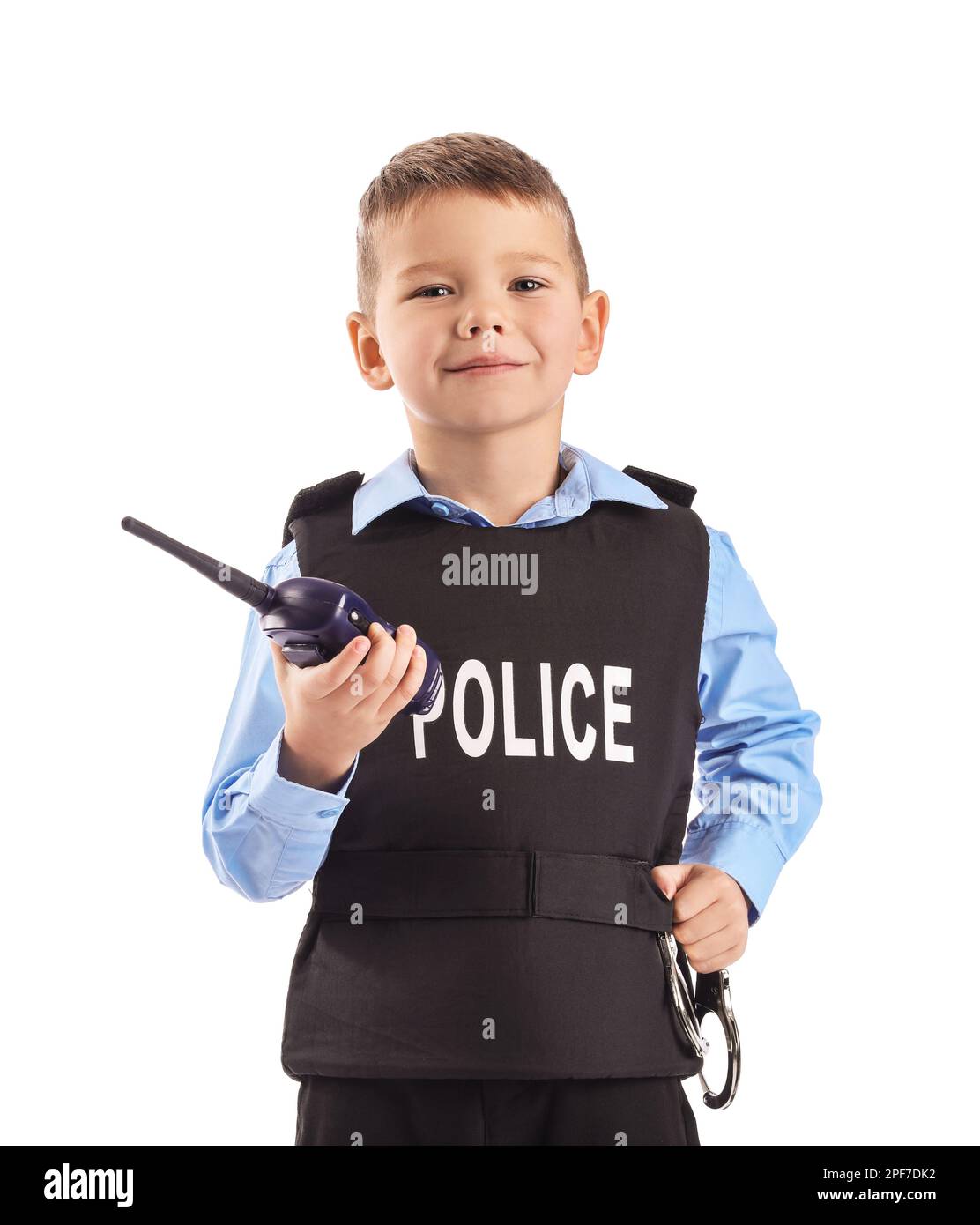 Funny little police officer with radio transmitter and handcuffs on ...