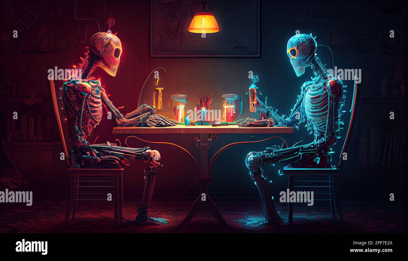 two skeletons sitting at a table in front of a neon sign that says ...