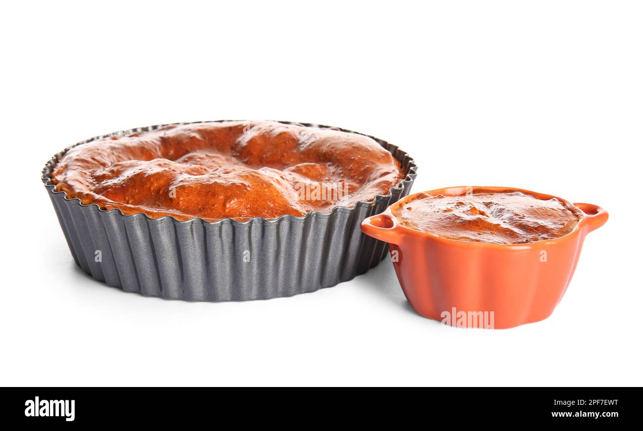 Delicious meat pies in baking forms isolated on white background Stock ...