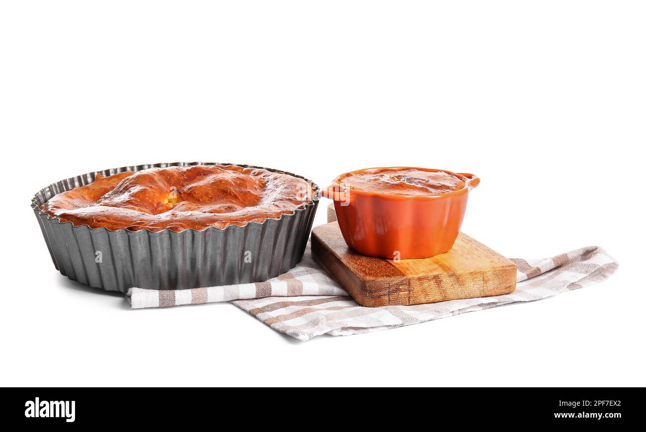 Delicious meat pies in baking forms isolated on white background Stock ...