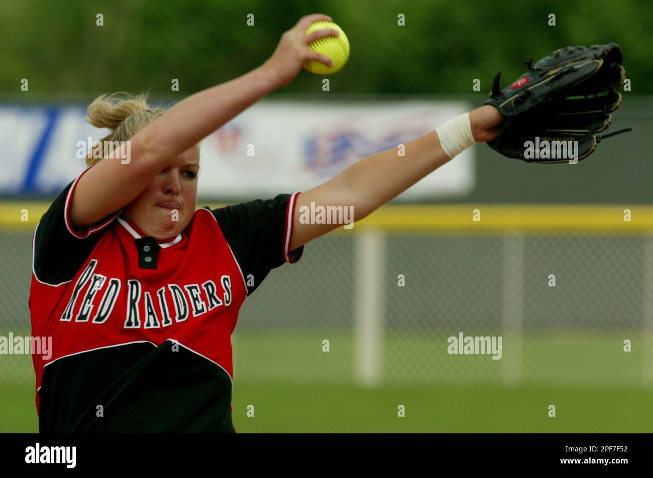 Texas Tech pitcher Amie Stines winds up to pitch in the first inning ...