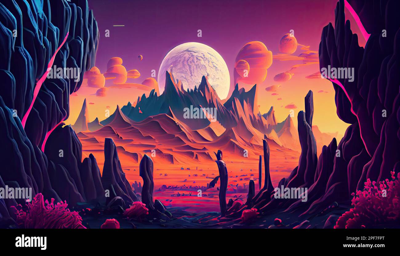 an alien landscape with mountains and planets in the distance, as if ...