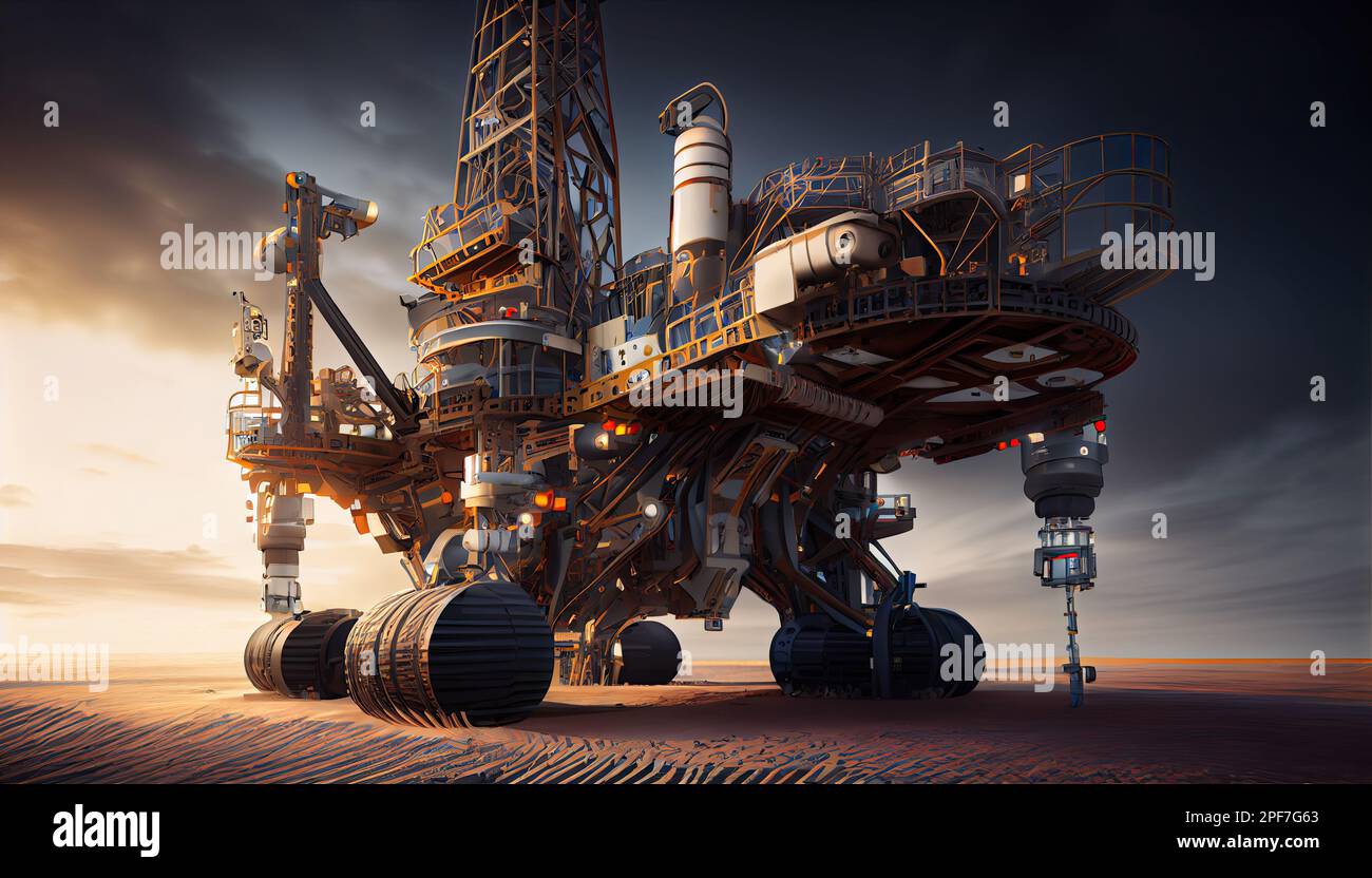 an oil drilling rig in the middle of a desert, with clouds and sun ...