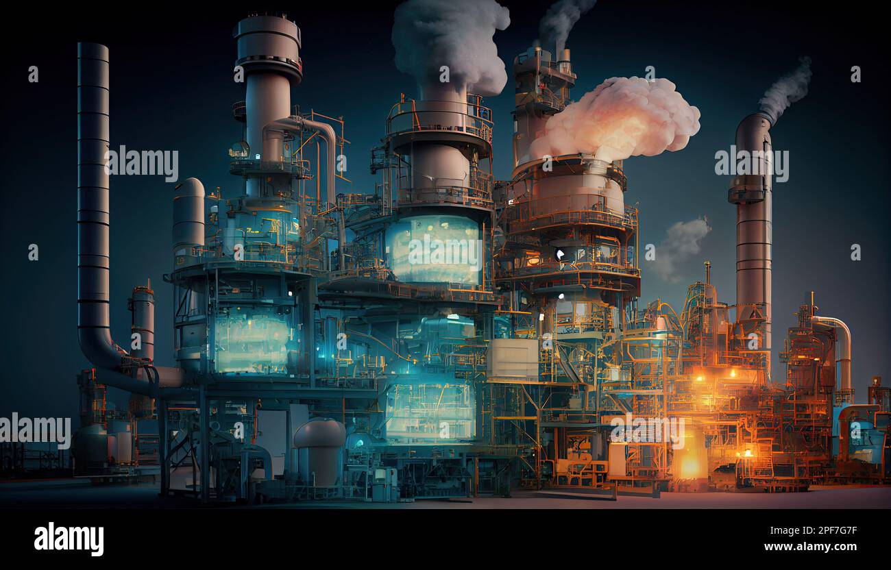 an oil refinery with smoke coming from the stacks and pipes that are ...