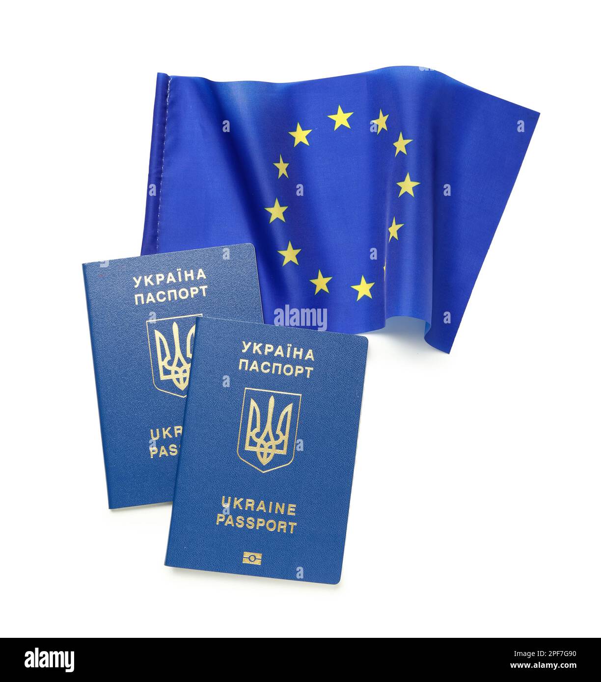 Ukrainian passports with flag of European Union on white background ...