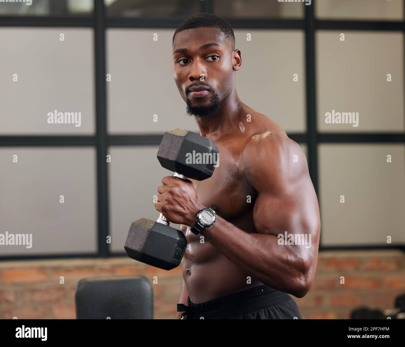 Black man, weights training and gym fitness of a athlete doing power ...