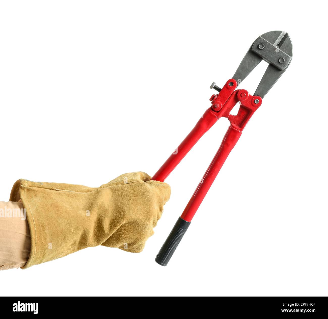 Worker with bolt cutter on white background Stock Photo - Alamy