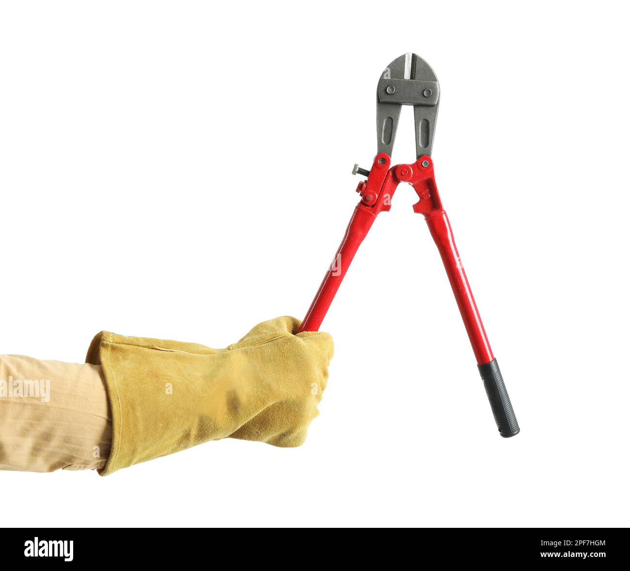 Worker with bolt cutter on white background Stock Photo - Alamy
