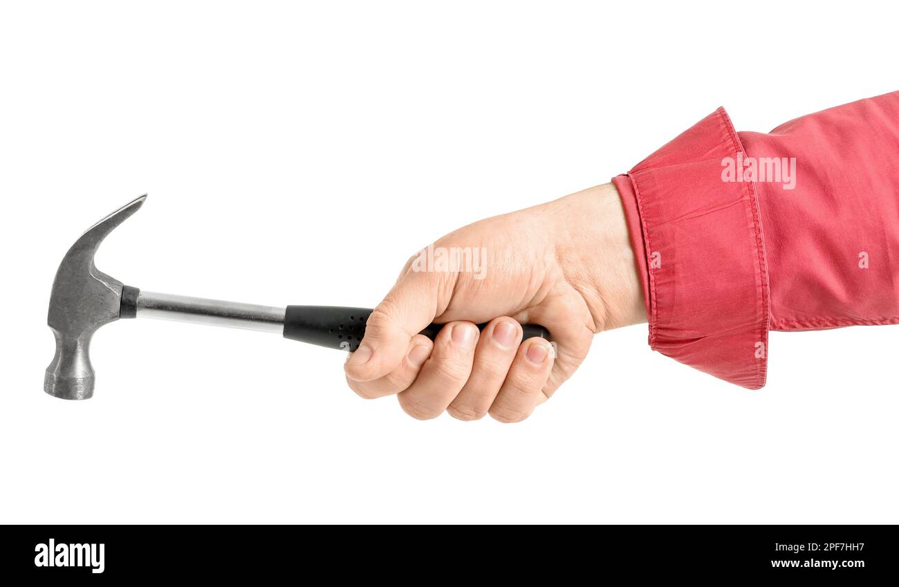 Worker with hammer on white background Stock Photo - Alamy