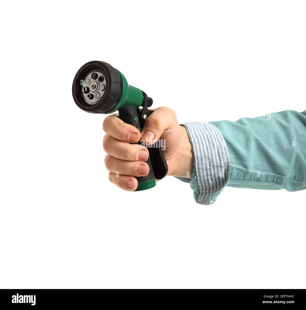 Gardener with spray gun on white background Stock Photo - Alamy