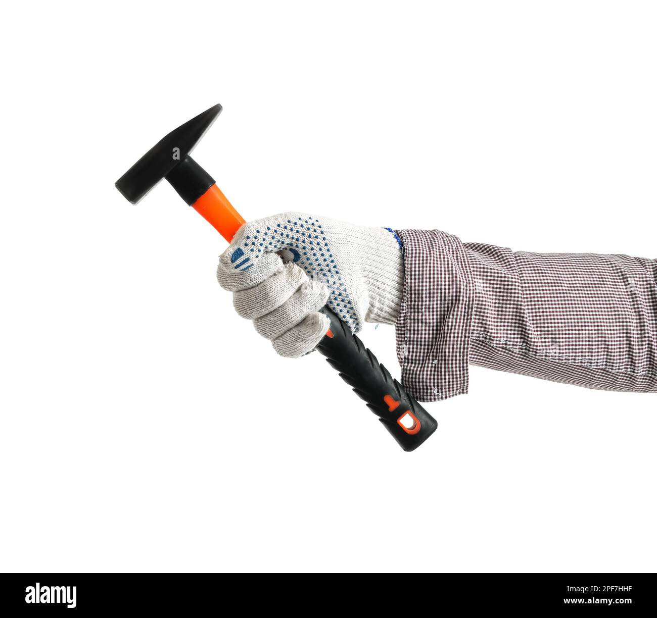 Worker with hammer on white background Stock Photo - Alamy