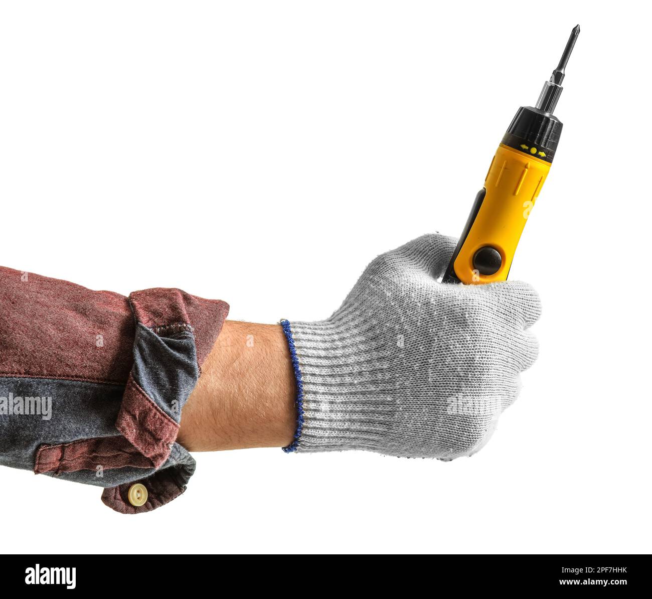 Worker with screwdriver on white background Stock Photo - Alamy