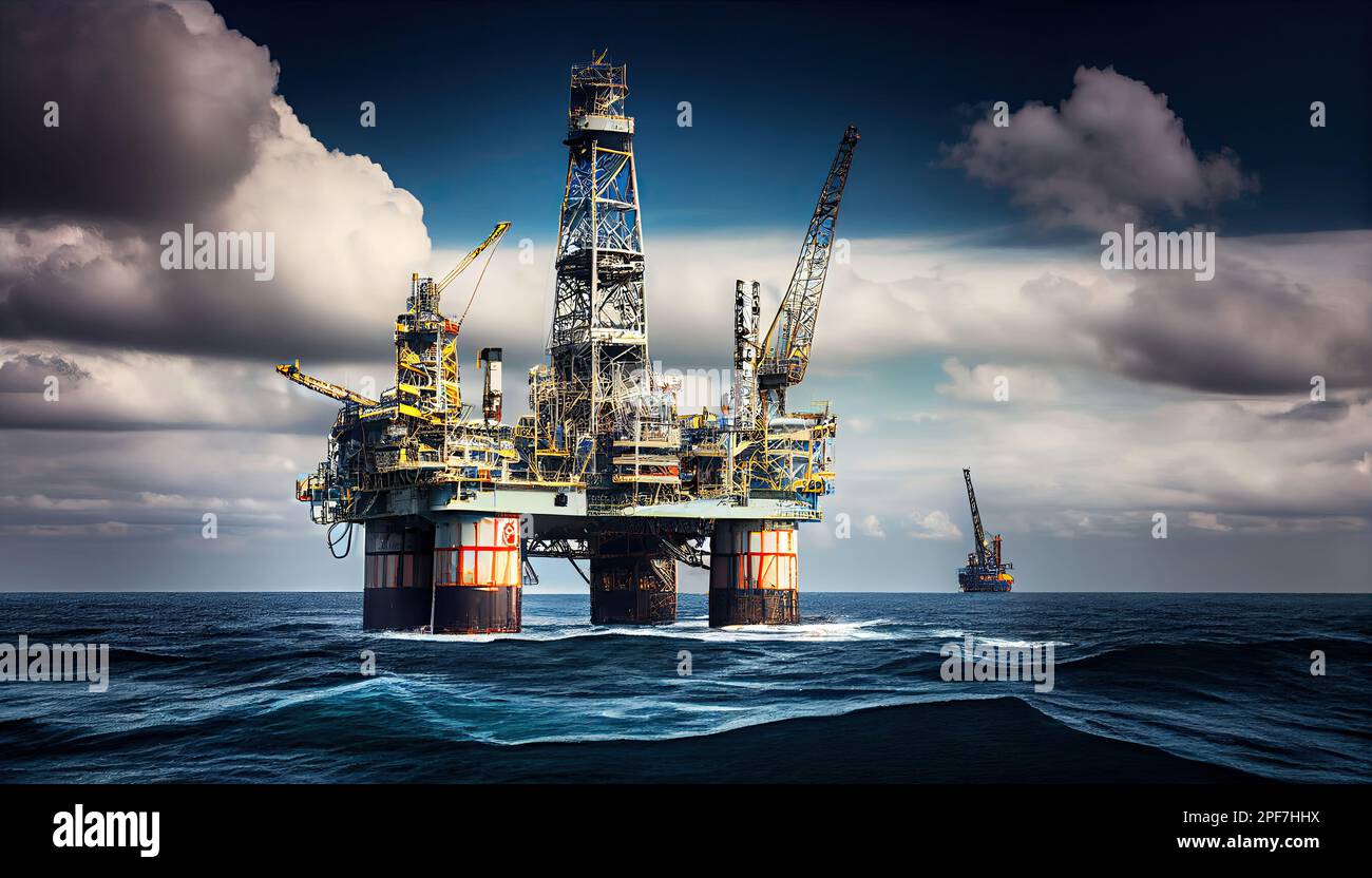an oil rig in the middle of the ocean with clouds and blue sky above it ...