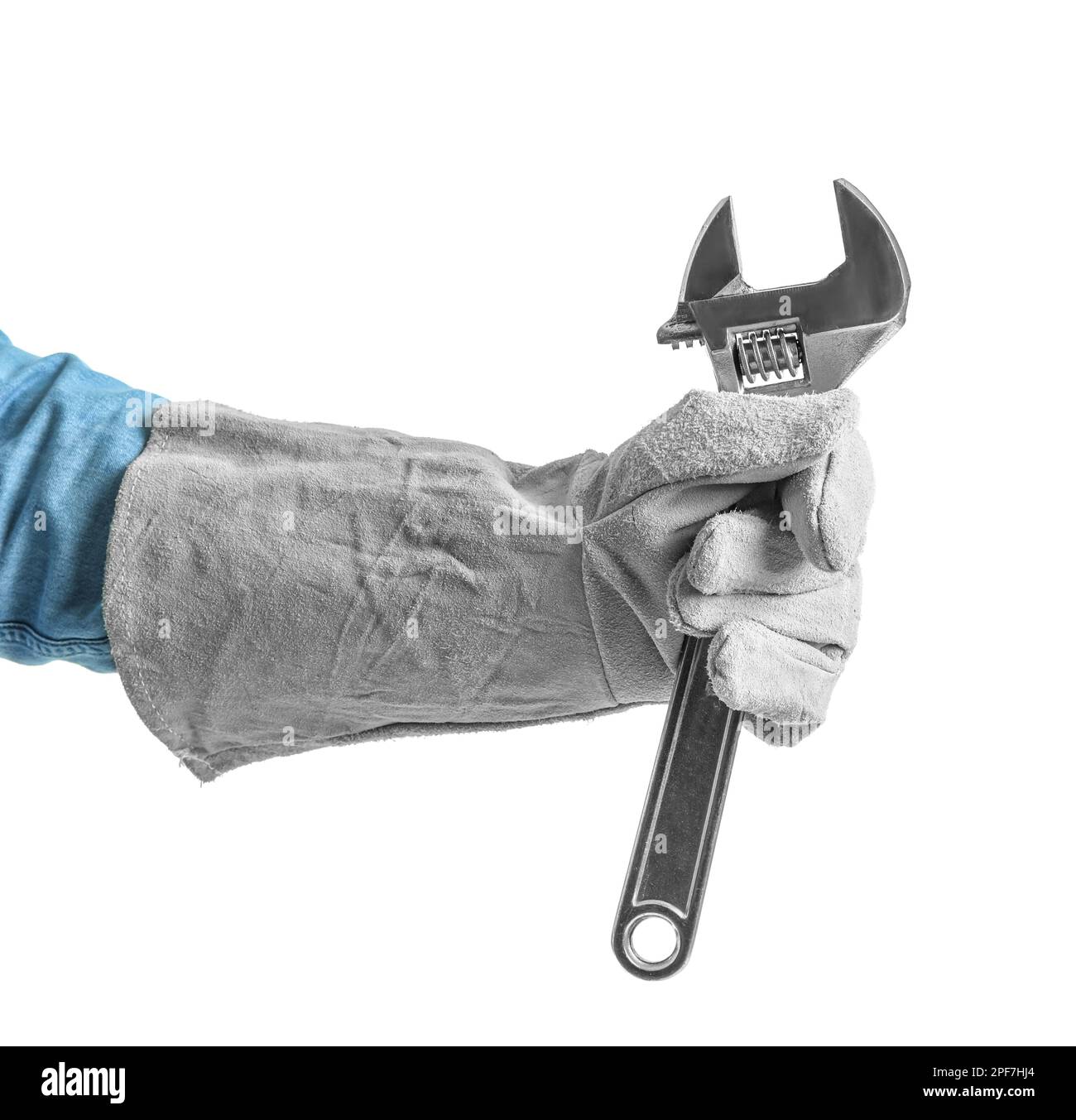 Worker with wrench on white background Stock Photo - Alamy