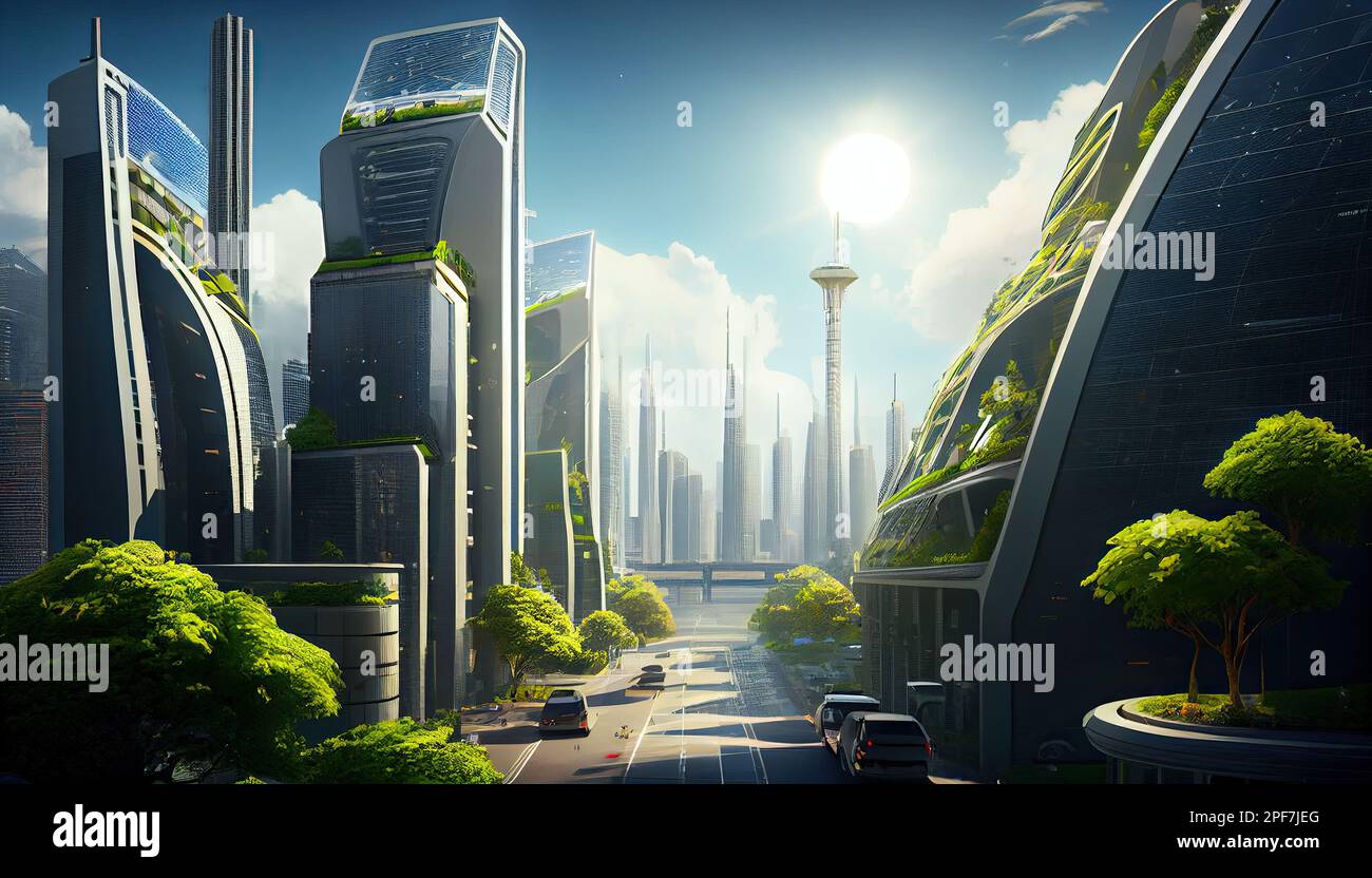 a futuristic city with tall buildings and green trees in the foregred ...