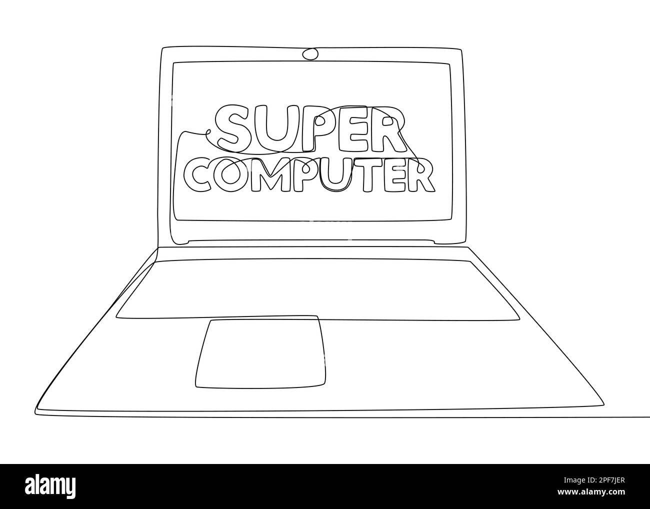 One Continuous Line Of Laptop With Super Computer Word Thin Line