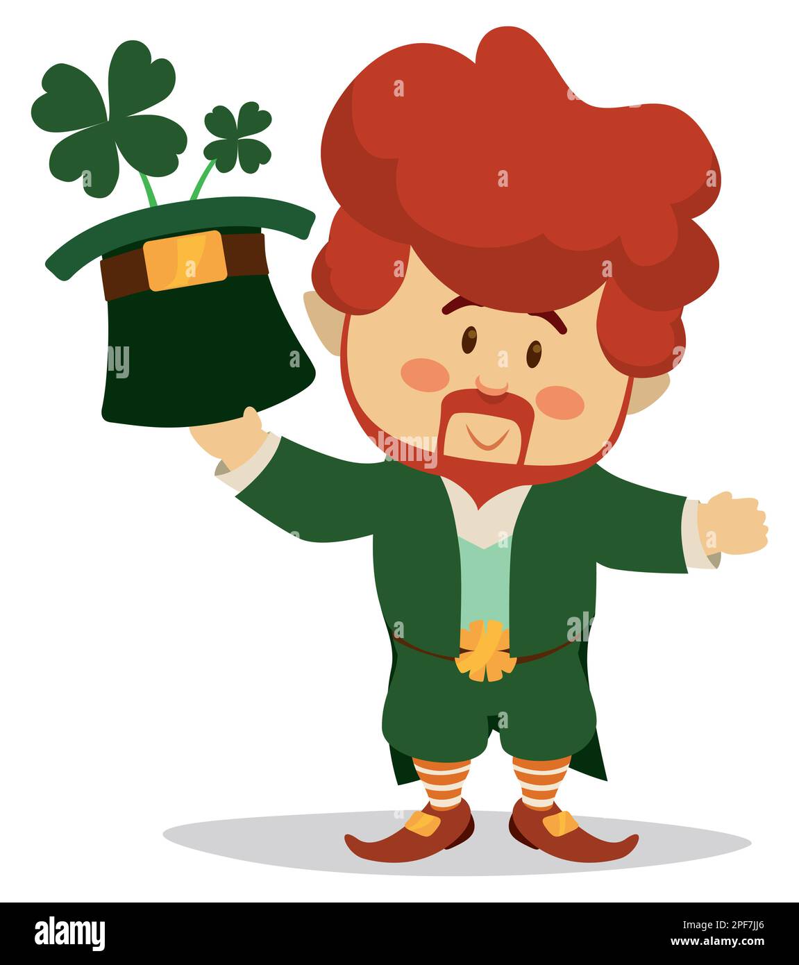 Cute Leprechaun with red hair and beard, green clothes, holding his top ...