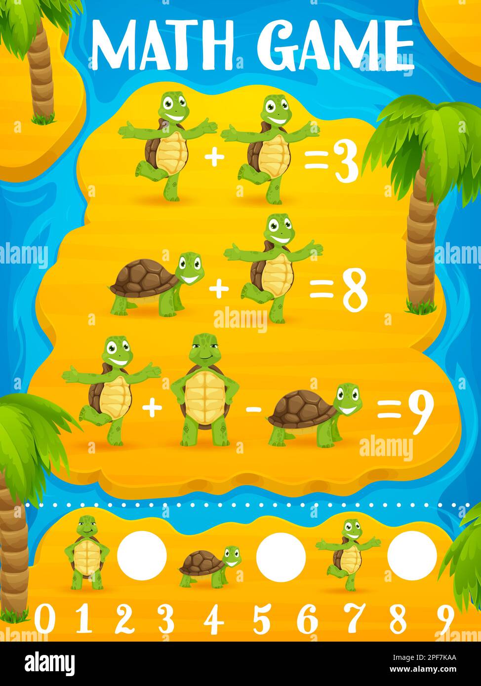 Math game worksheet cartoon turtle characters on tropical island ...