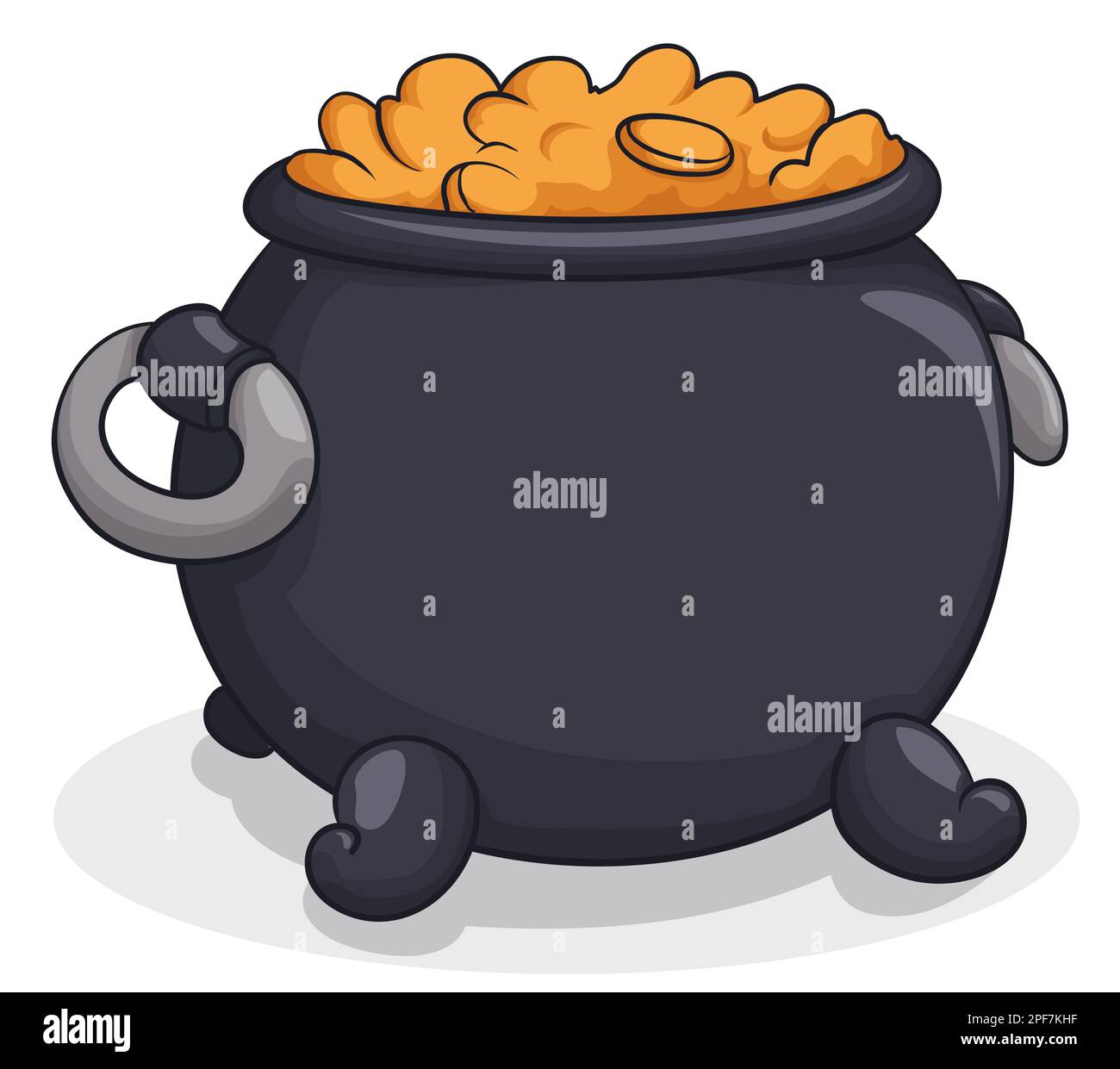 Isolated black cauldron with handles and a pile of golden coins. Design ...