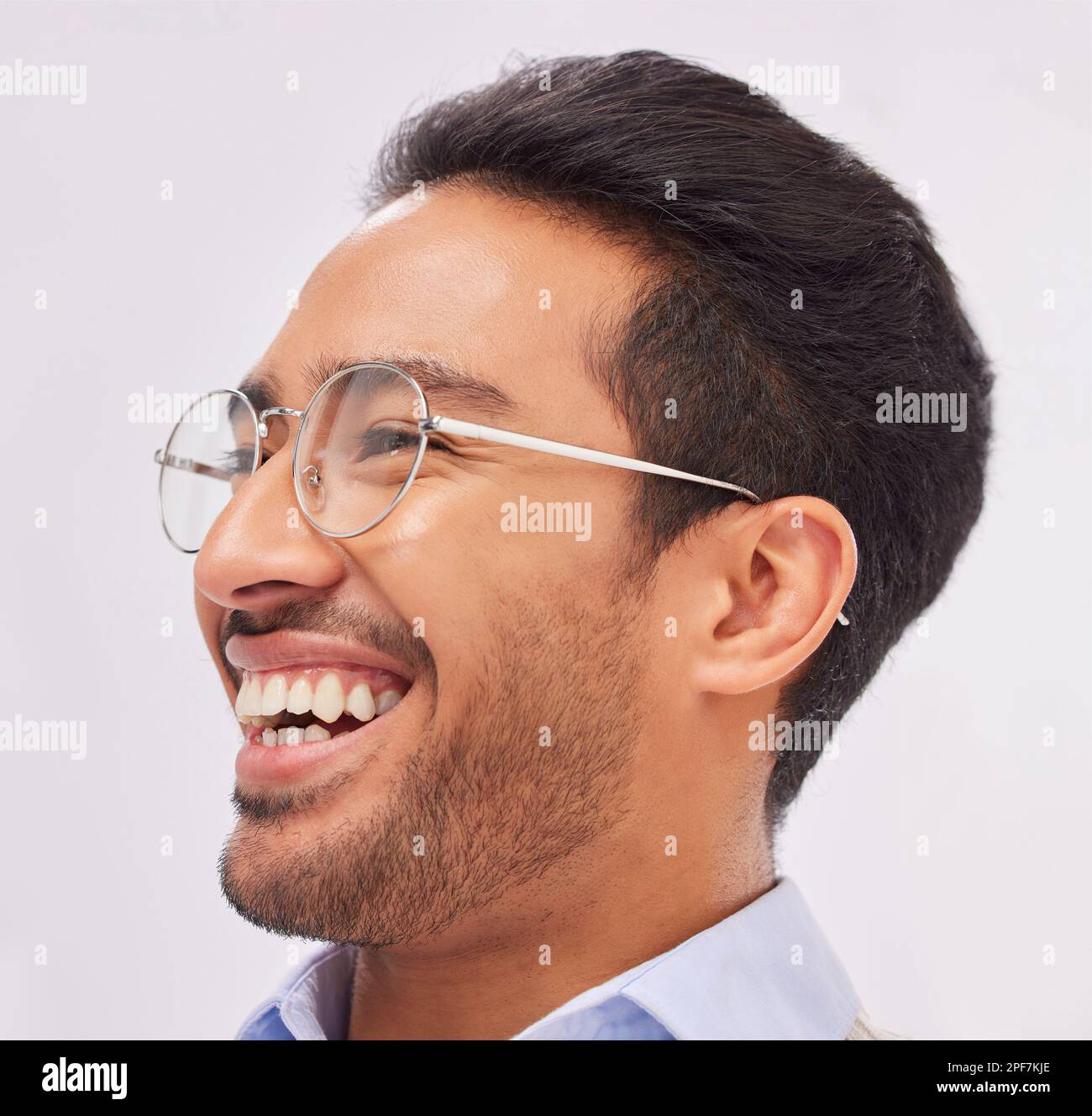 Face, glasses and vision of happy man with a smile and new frames ...