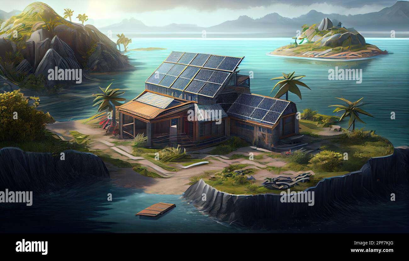 an island with solar panels on the roof and two small houses in the ...