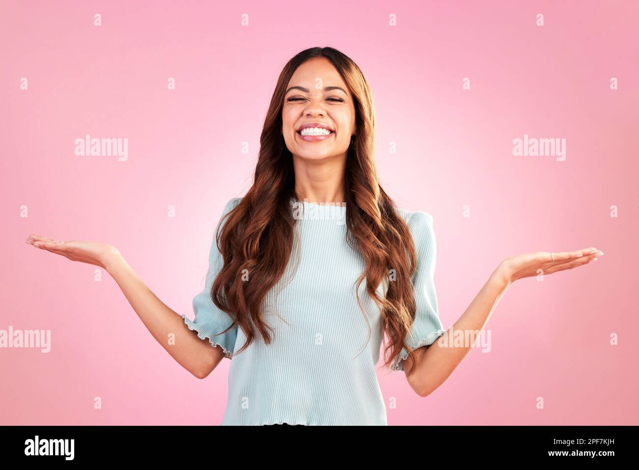 Happy woman, marketing and smile with hands out, branding and product ...