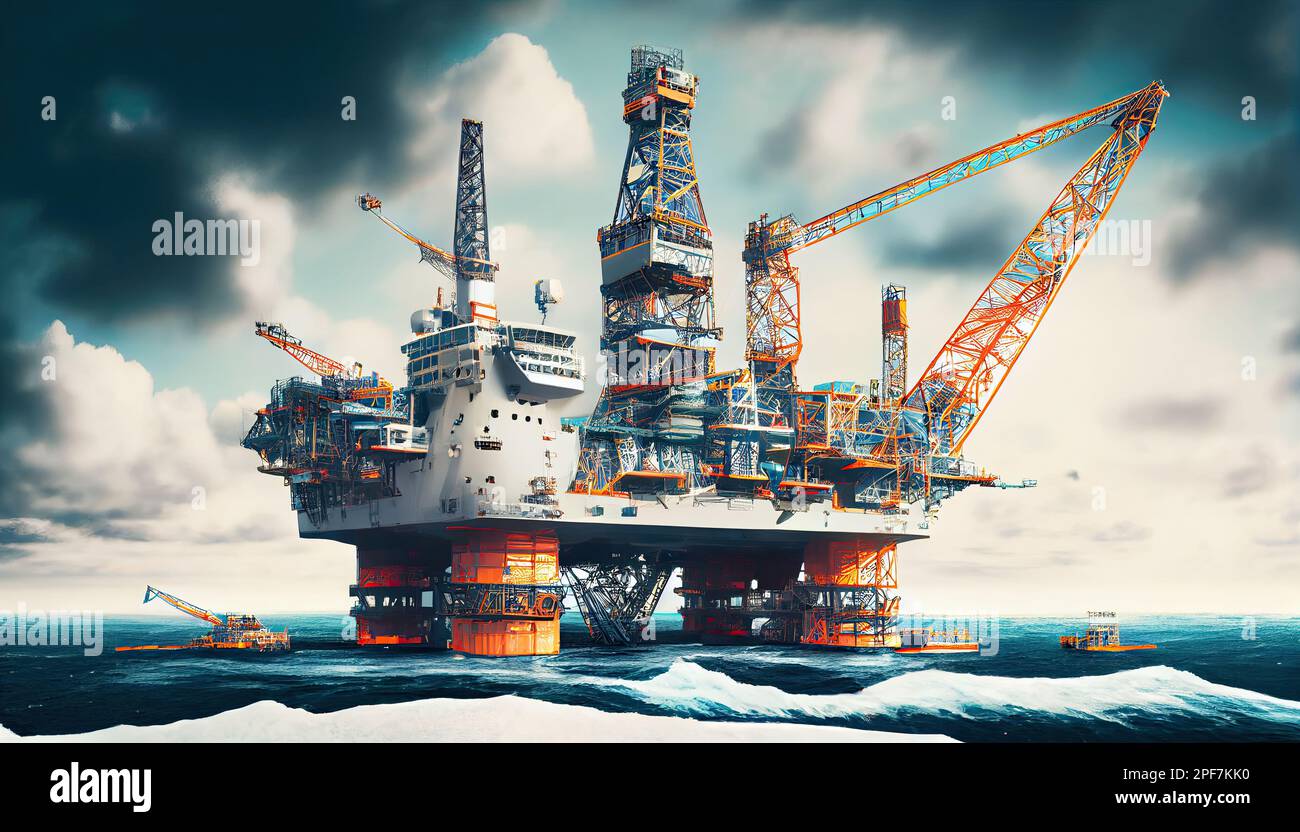 an oil rig platform in the middle of the ocean, with two large cranes ...