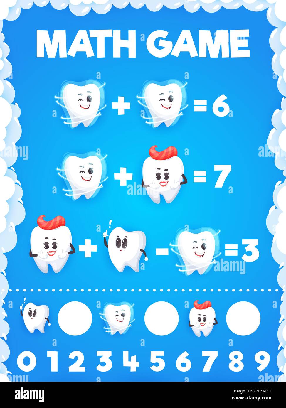 Cartoon tooth characters math game worksheet. Vector educational ...