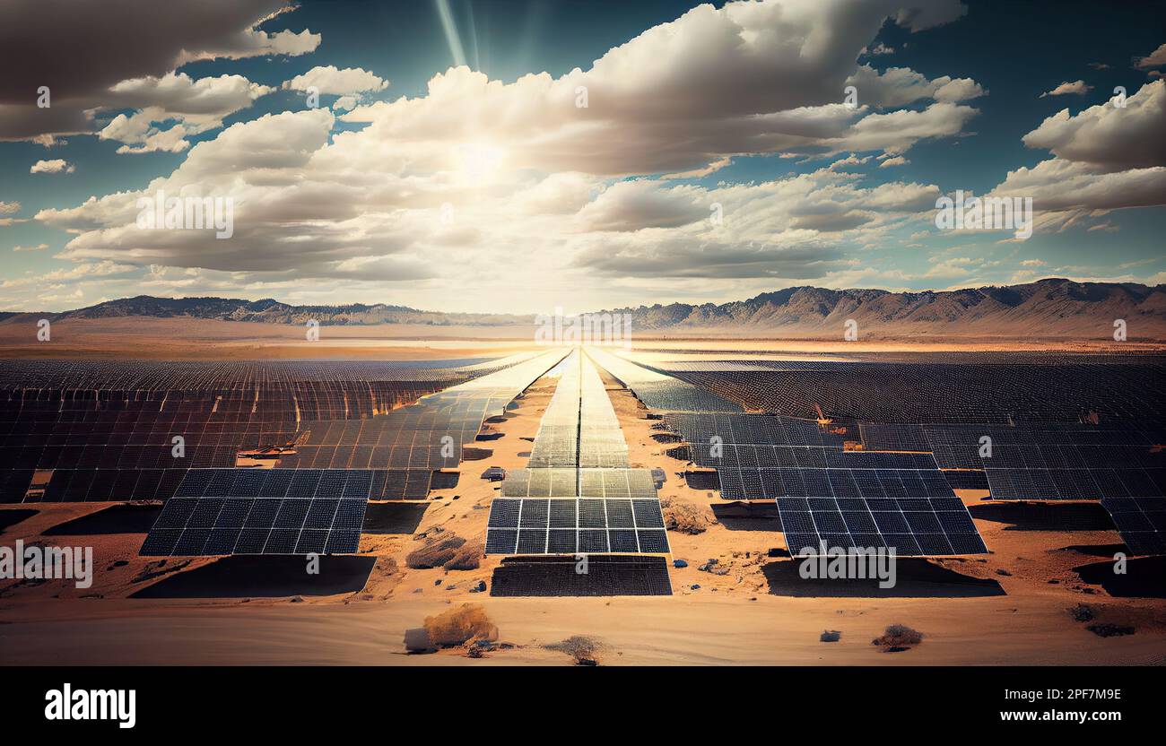 solar panels in the desert, with mountains in the background and sun ...