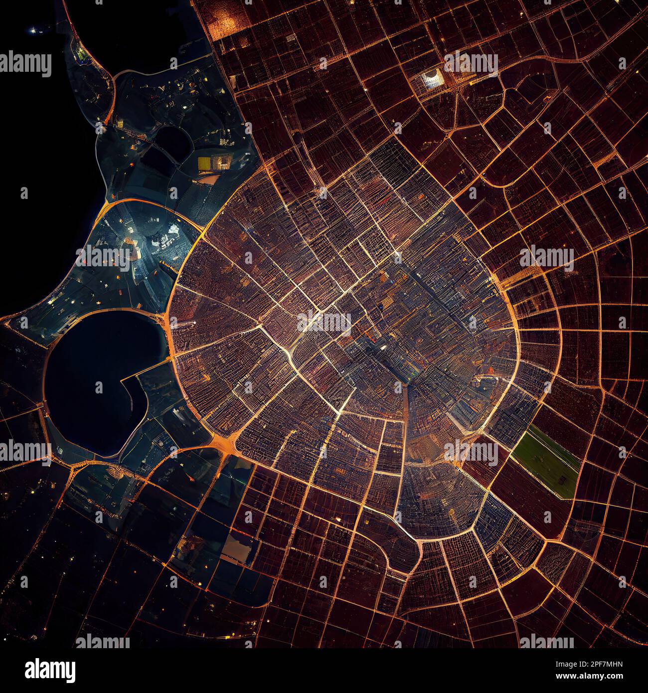 an aerial view of the city at night, with lights shining on buildings ...