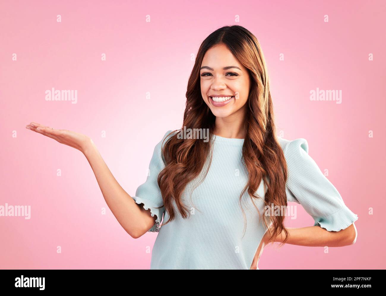 Happy, product placement and portrait of a woman with a gesture ...