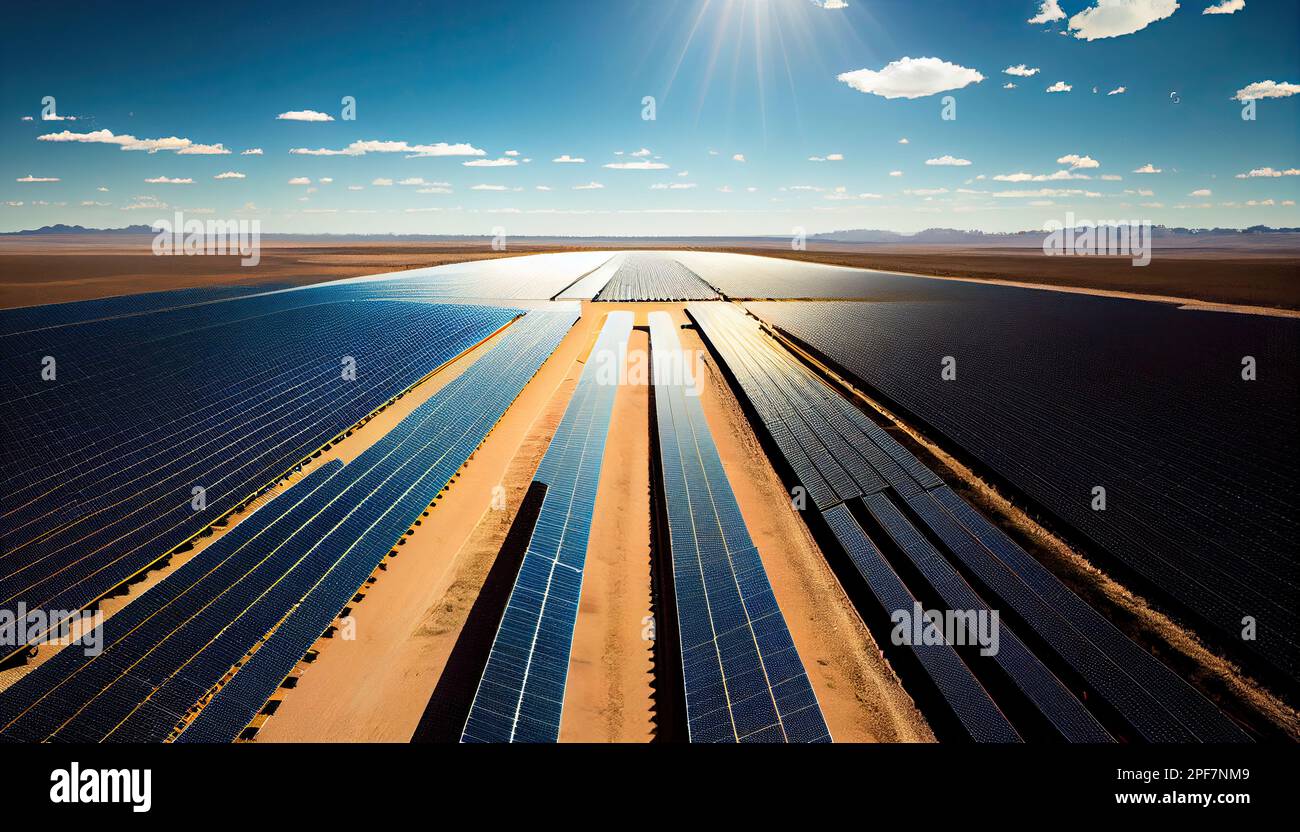 an array of solar panels in the desert under a bright blue sky with ...