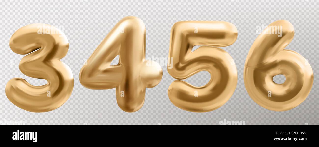 3d gold balloon number font, realistic isolated vector set. Golden ...