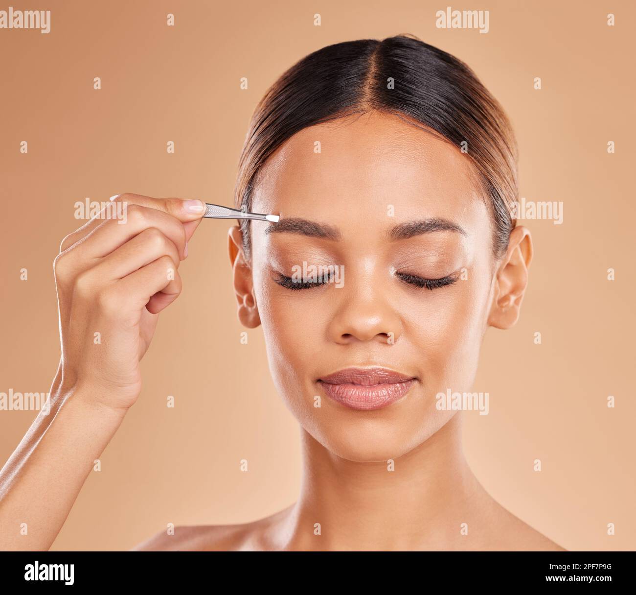 Beauty, grooming and eyebrows with woman and tweezers in studio for ...