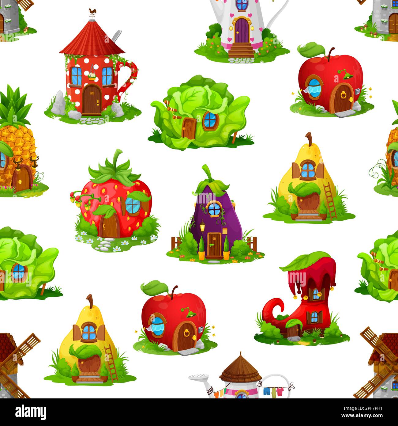 Fairytale houses and dwellings seamless pattern. Vector cartoon fantasy ...