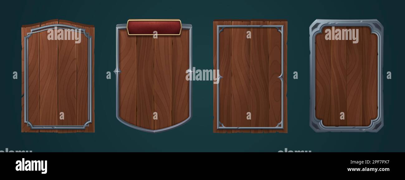 Cartoon ui wooden texture fantasy game sign board. Wood plank panel on ...